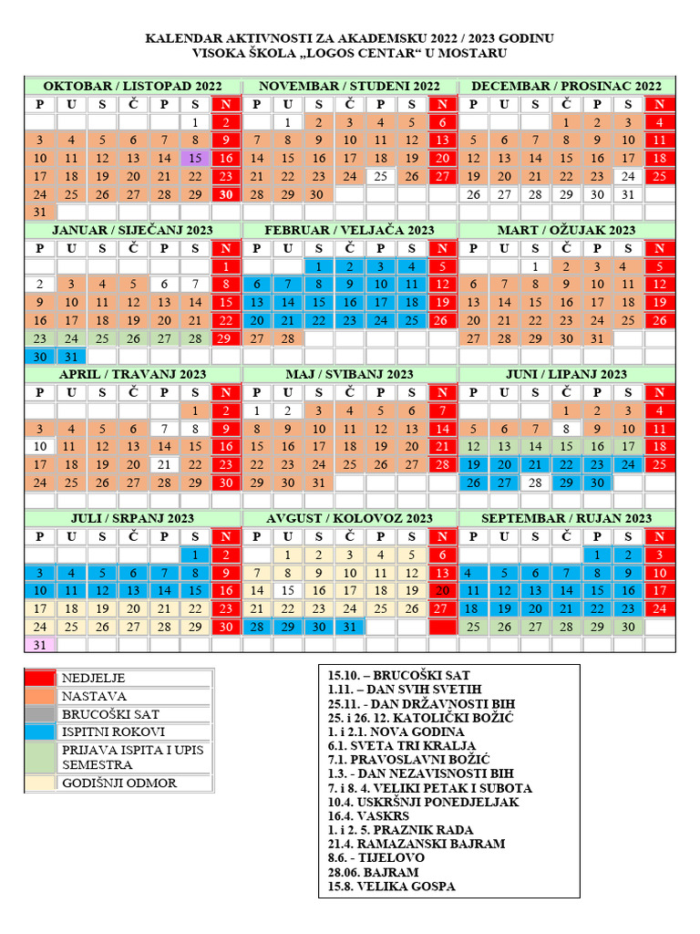 Akademski Kalendar 2022 - 23 FINAL | PDF