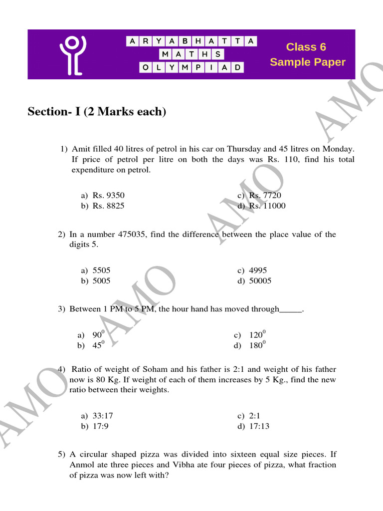 AMO Sample Paper - Class 6 | PDF