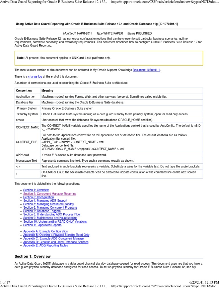 Active Data Guard Reporting For Oracle E Business Suite Release 12 1 Using Oracle 11g Pdf