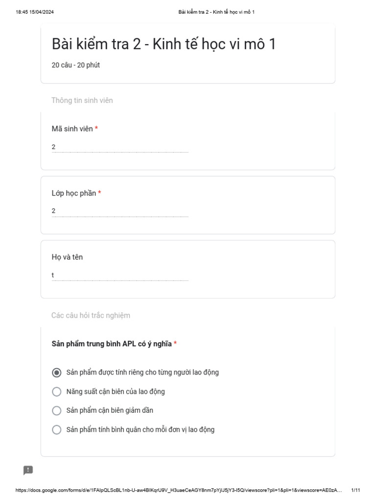 Bài kiểm tra 2 - Kinh tế học vi mô 1 | PDF