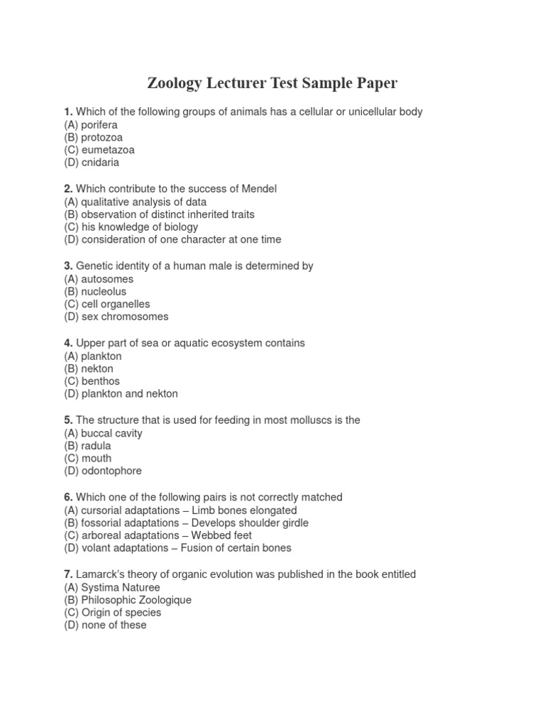 Zoology Lecturer Test Sample Paper | PDF | Adaptation | Biology