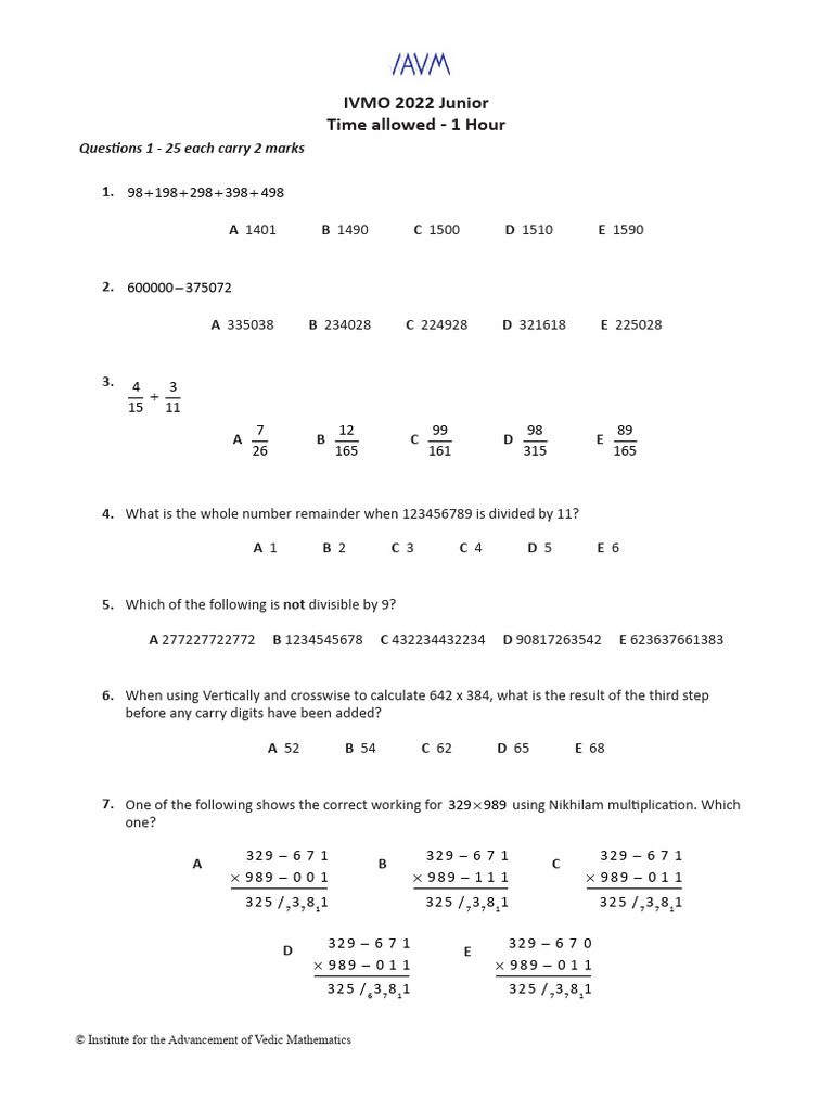 Junior IVMO 2022 | PDF | Area | Numbers