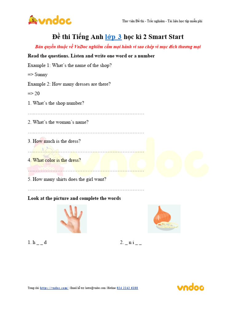 De Thi Tieng Anh Lop 3 Hoc Ki 2 Smart Start | PDF