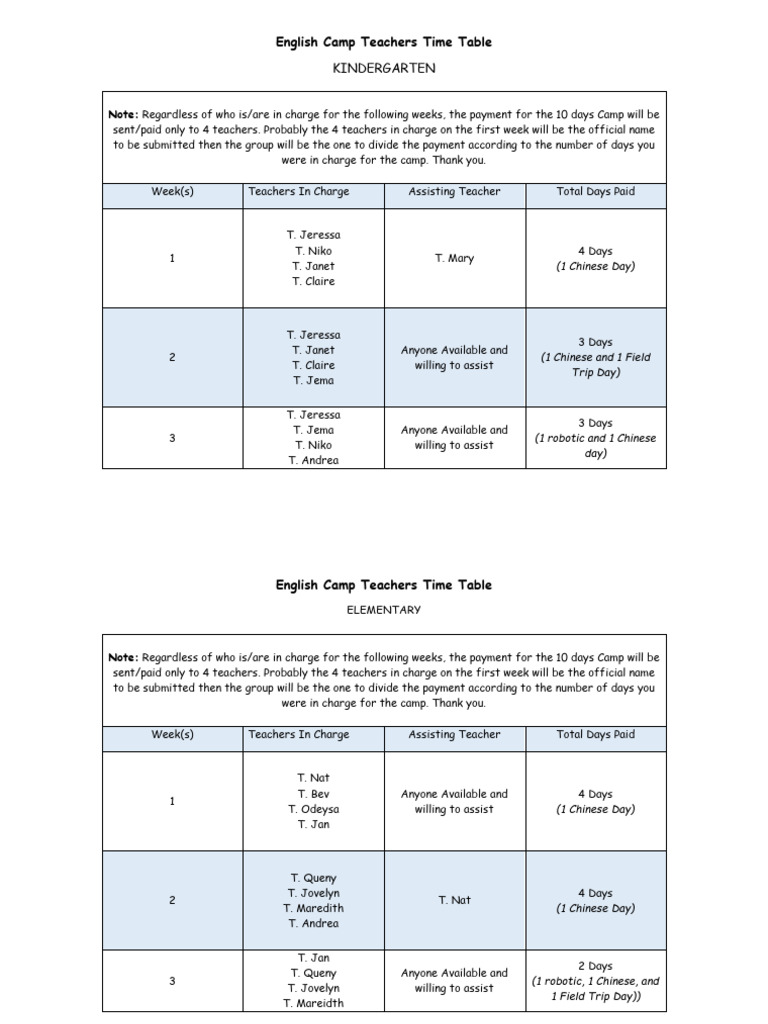 English Camp Teachers Time Table | PDF