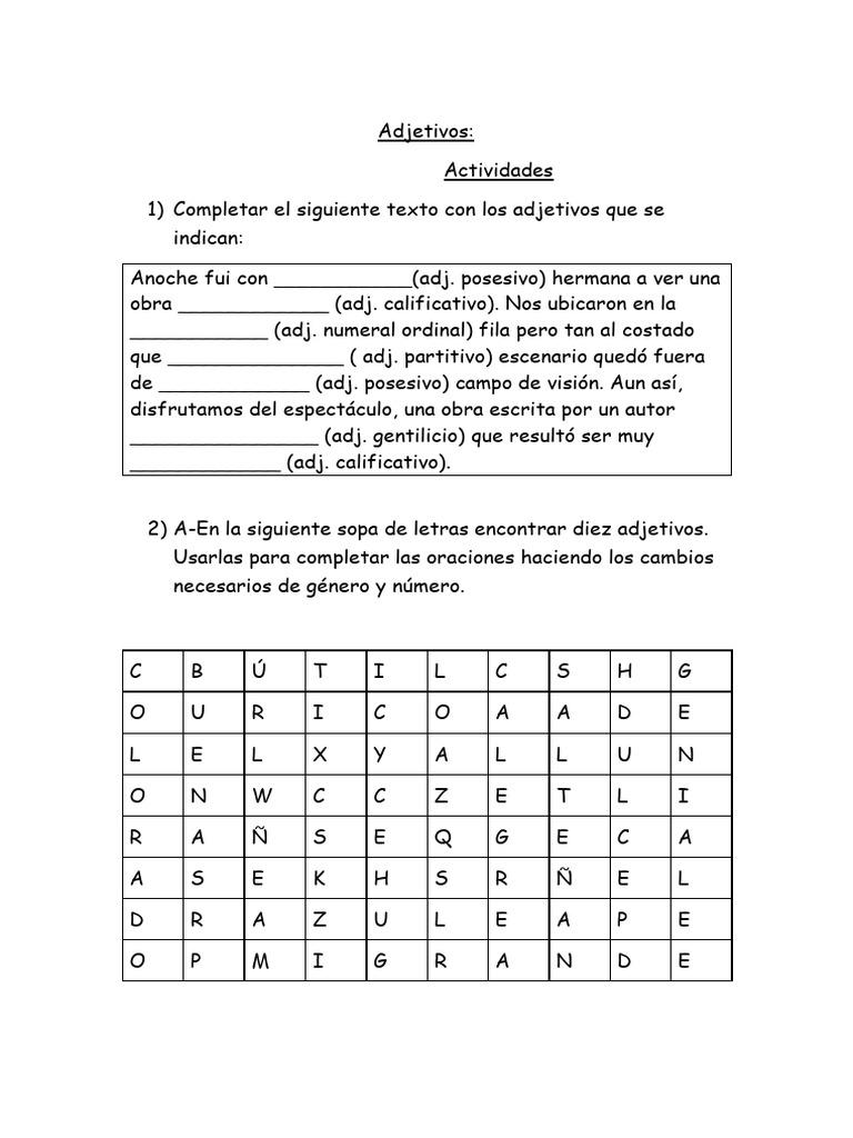 Ejercicios de Adjetivos en Español | PDF | Estudios de idiomas extranjeros