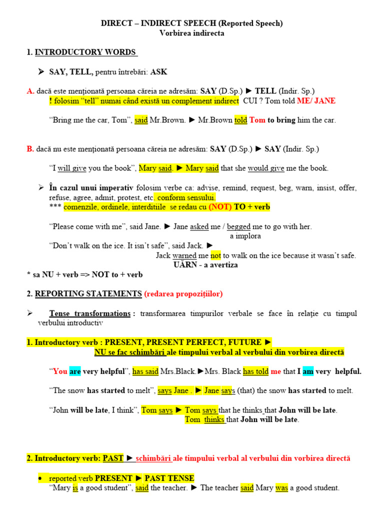 Completat Direct - Indirect Speech - KM Teorie | Download Free PDF ...