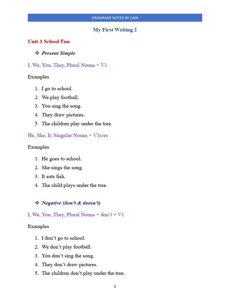 My First Writing 2(Grammar Notes) | PDF | Adjective | Noun