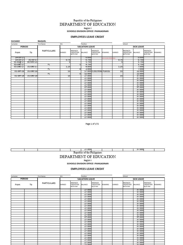 Leave Ledger Blank | PDF | Sick Leave | Labor