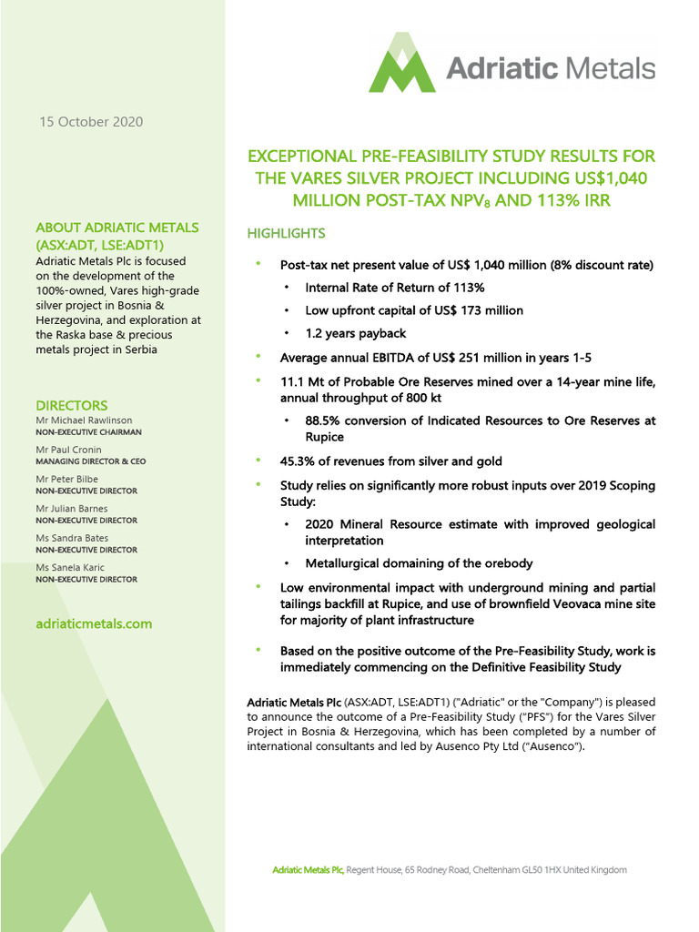 Vares Silver Project PFS Results | PDF | Mining