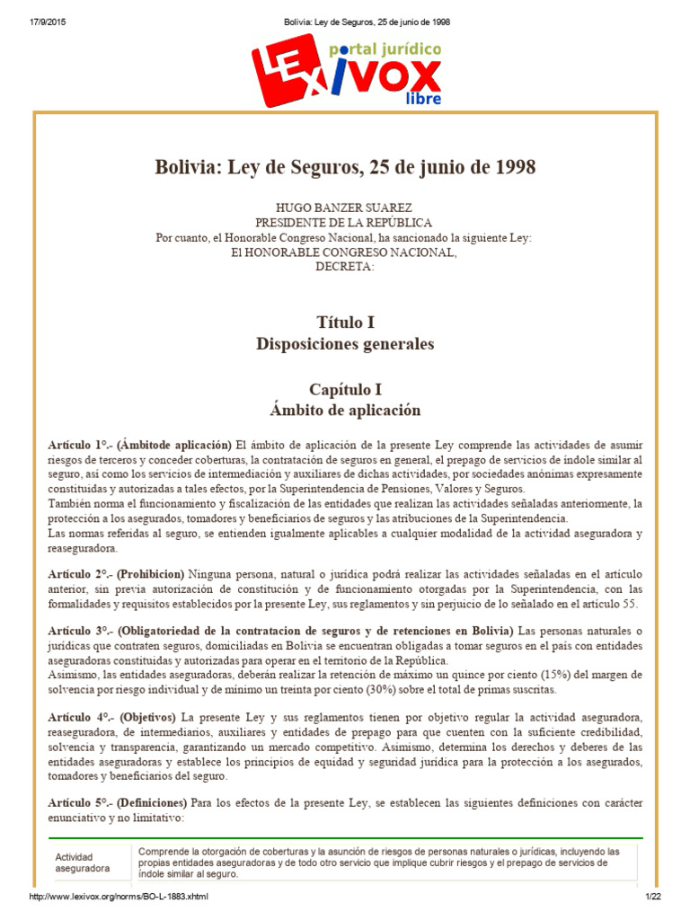 Bolivia - Ley de Seguros, 25 de Junio de 1998 | PDF | Seguro | Reaseguro