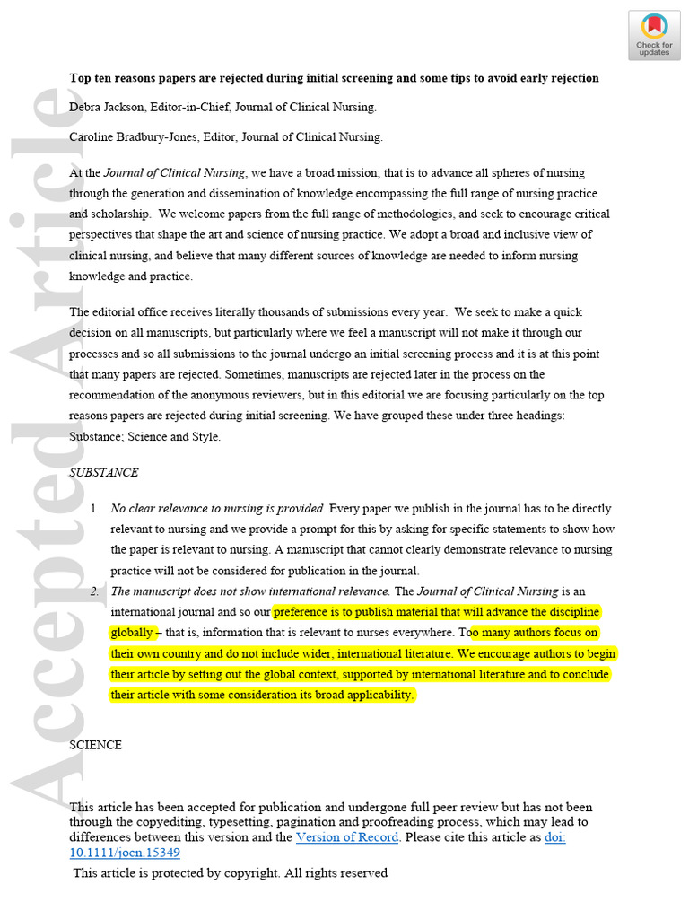 10 Reasons For Paper Rejection | PDF | Academic Journal | Nursing