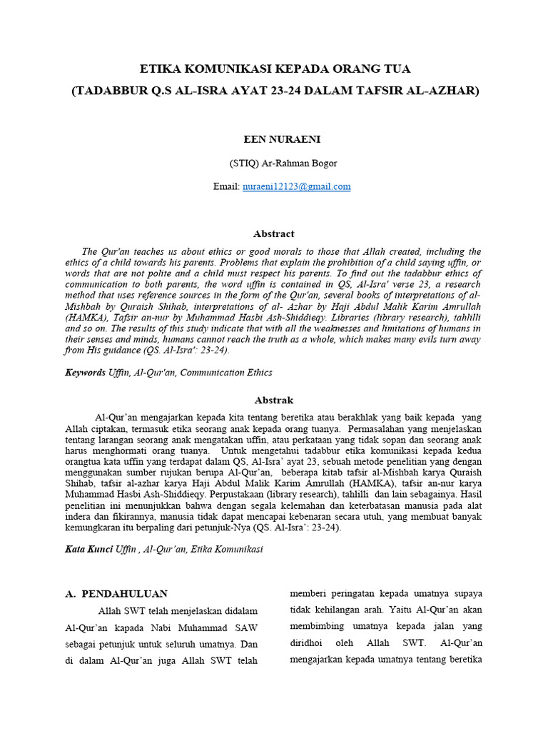 Jurnal Een Nuraeni - Etika Berbicara Kepada Kedua Orang Tua (Tadabbur Q.S Al-Isra Ayat 23-24 ...
