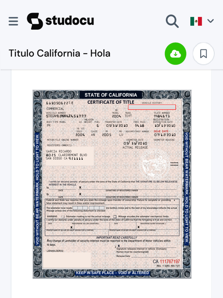 Titulo California - Hola - Certificate of Title Vehicle History ...