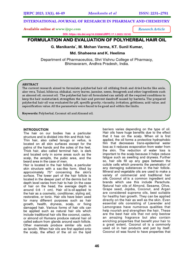 Formulation and Evaluation of Polyherbal Hair Oil | PDF | Titration ...