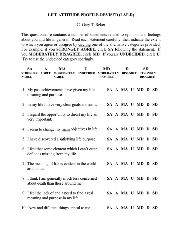 Life Attitude Profile Revised (LAP-R) | PDF | Meaning Of Life | Cognition