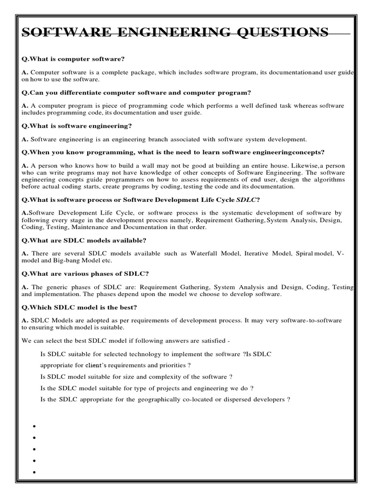 Software Engineering Questions | Download Free PDF | Software Development Process | Computer ...
