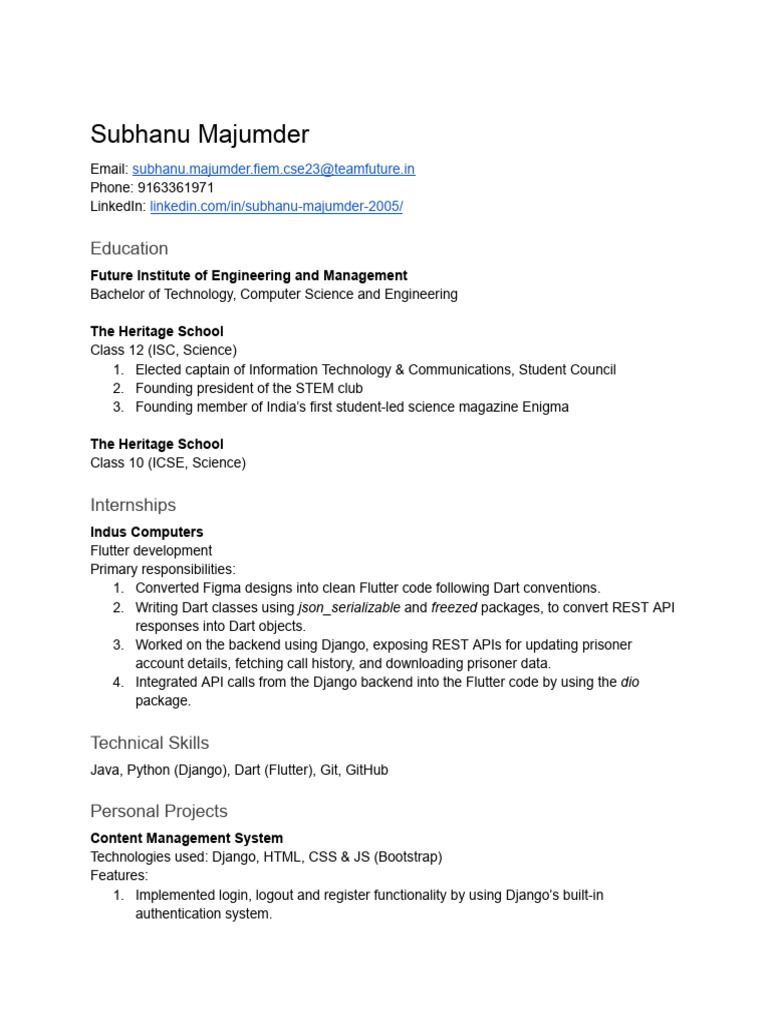 Subhanu Majumder CV 1705323062 | PDF | Computing | Software