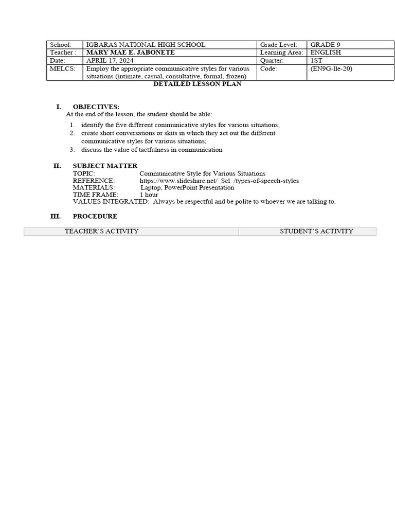 Detailed Lesson Plan (Communicative Styles) DEMO... | PDF