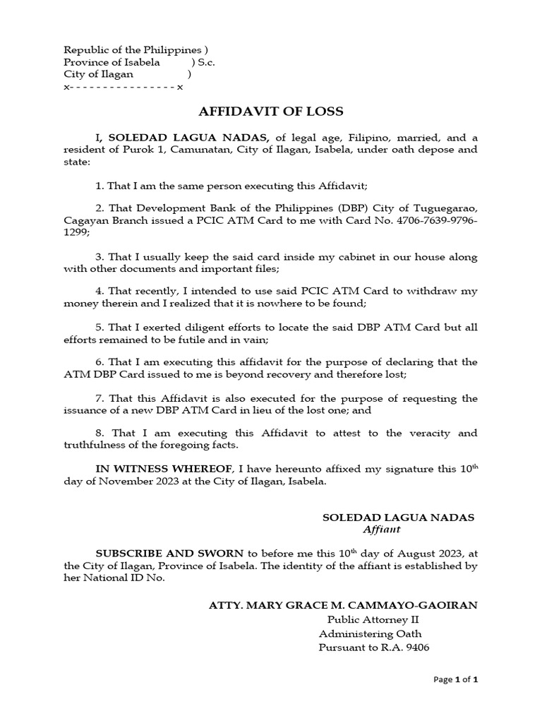 Affidavit of Loss - ATM - DBP | PDF