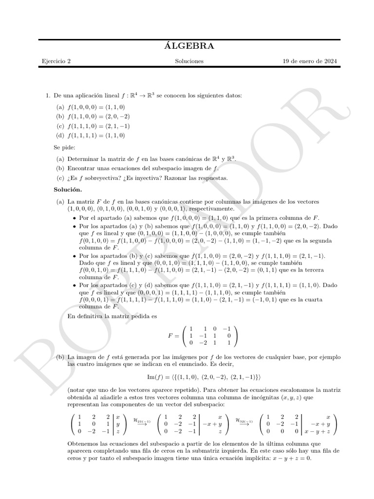 Álgebra - EX 2024-01-19 - SOL2 | PDF | Ecuaciones | Matriz (Matemáticas)