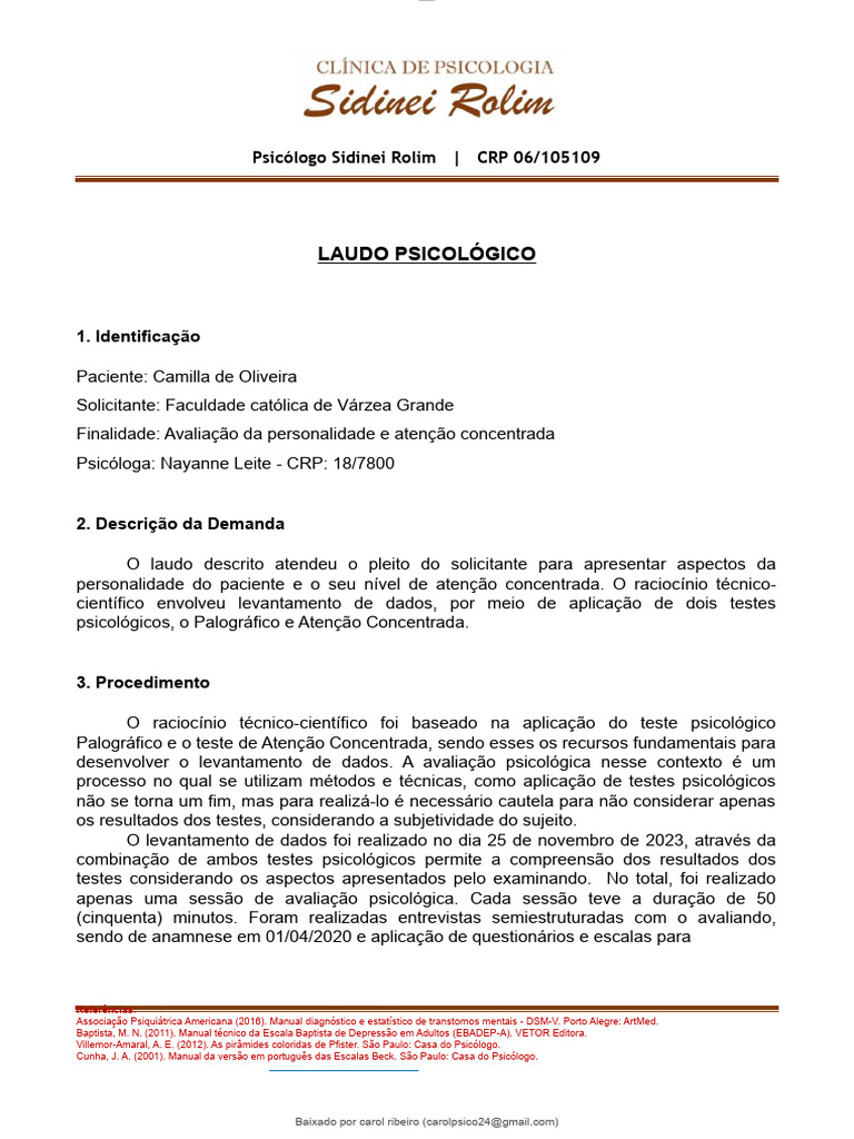 Kit Documentos Tecnicos Laudo Psicologico Exemplo Do Modelo 01a | PDF | Psicologia | Psiquiatria