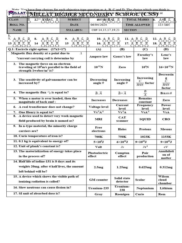 12th Phy CH 14,15,17,19,21 Group A (06-04-2024) | PDF | Electron | Physics