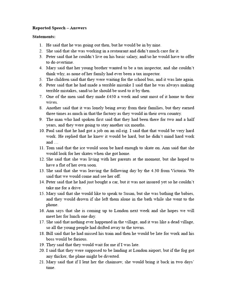 Answers To Some Exercises On Reported Speech-3 | PDF