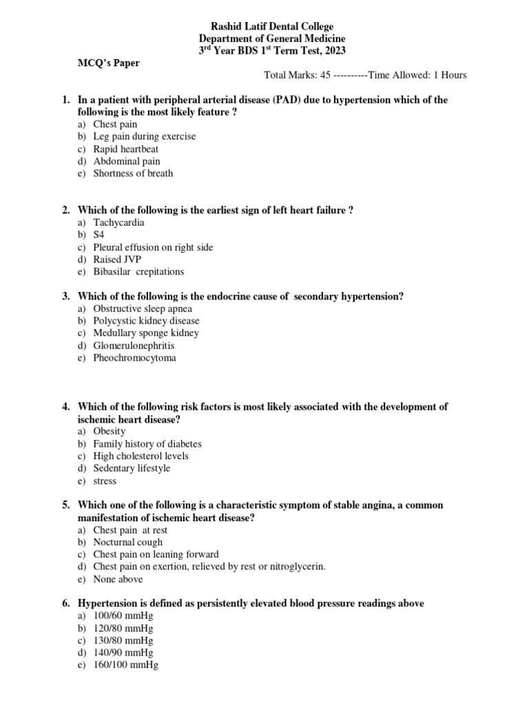 3rd Year BDS (MCQ'S) | PDF | Hypertension | Anemia