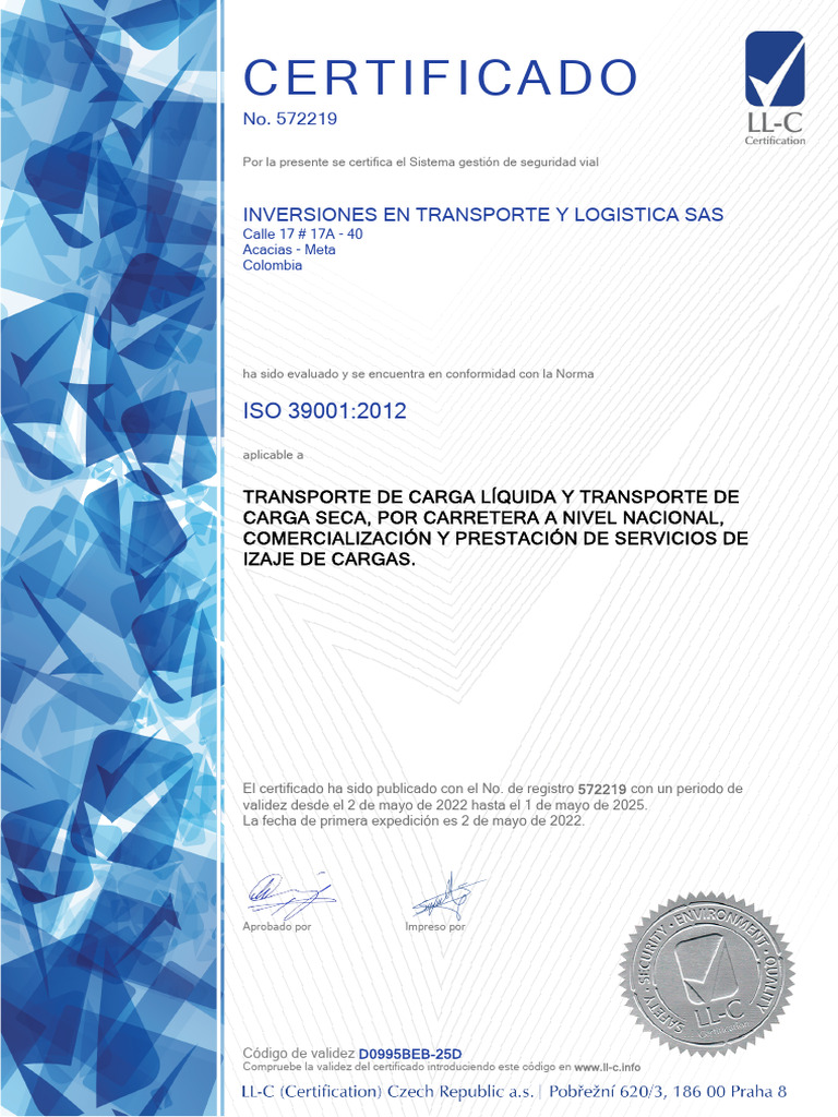 Certificado Iso 39001-2012 | PDF