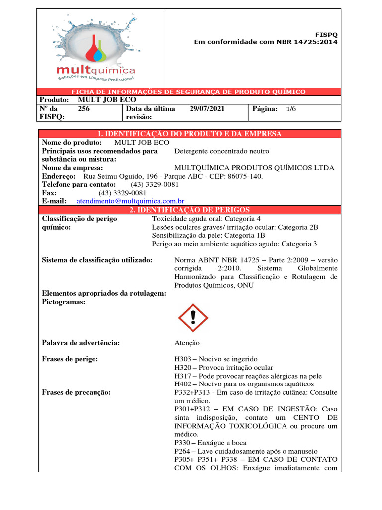 FISPQ - Detergente Neutro - Mult Job Eco | PDF | Embalagem e rotulagem | Química