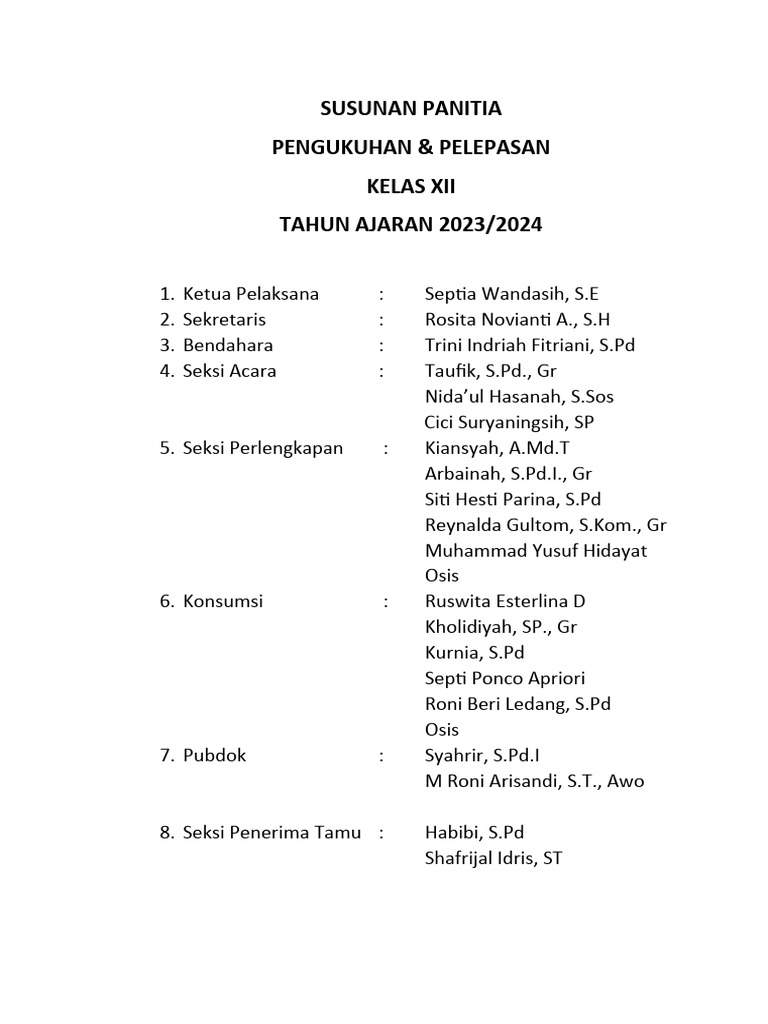 Susunan Panitia Pengukuhan Kelas XII Tahun Ajaran 2024 | PDF ...