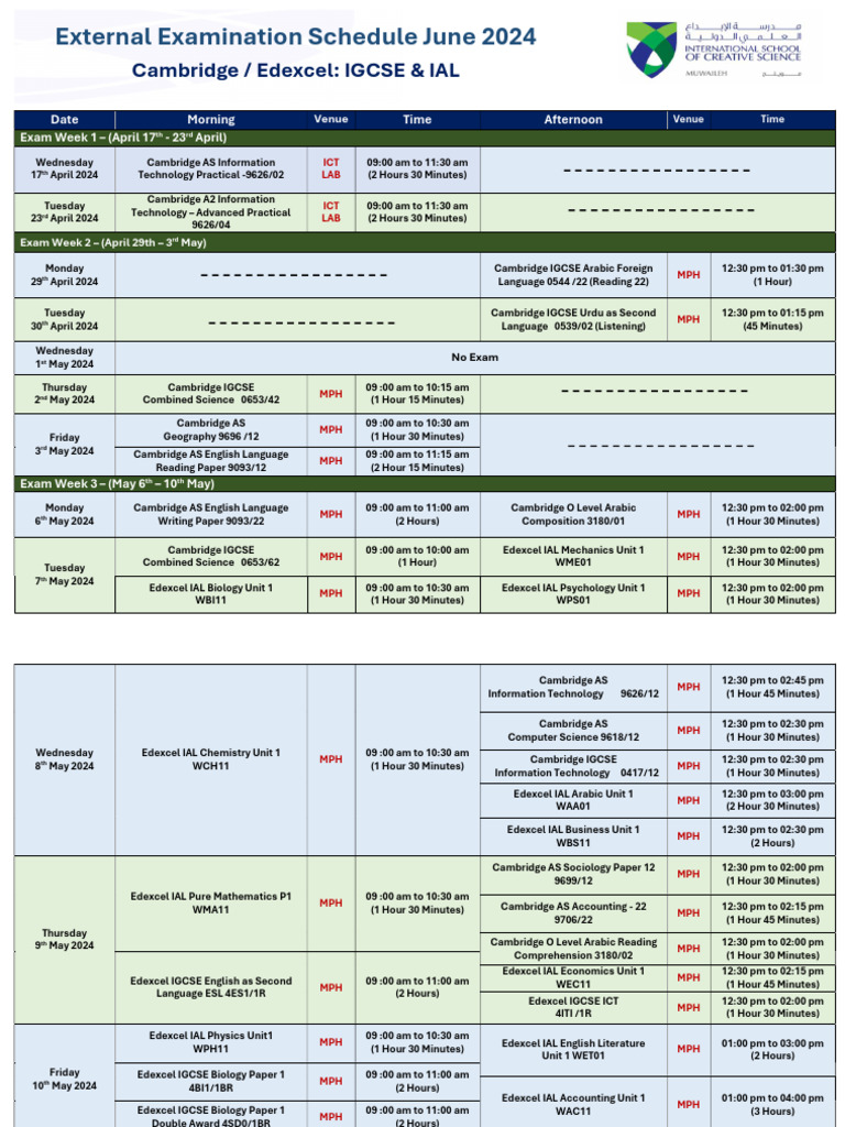 External Examination Schedule June 2024 - IGCSE & IAL | PDF ...