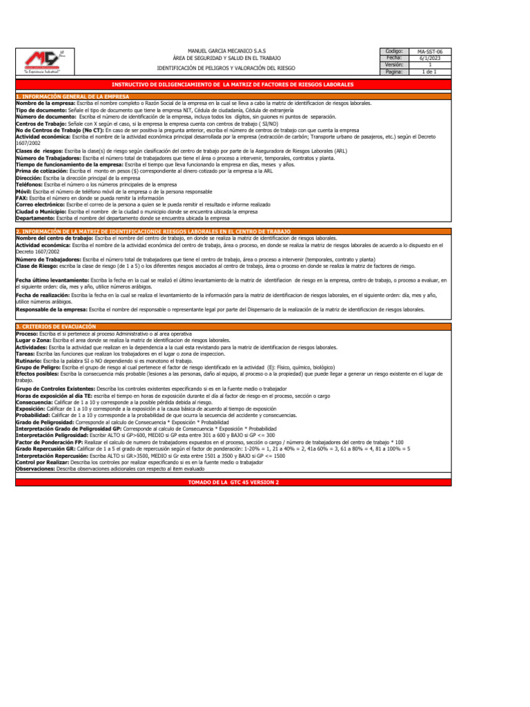 MA-SST-06 Identificación de Peligros y Valoración Del Riesgo 1 | PDF | Riesgo | Business