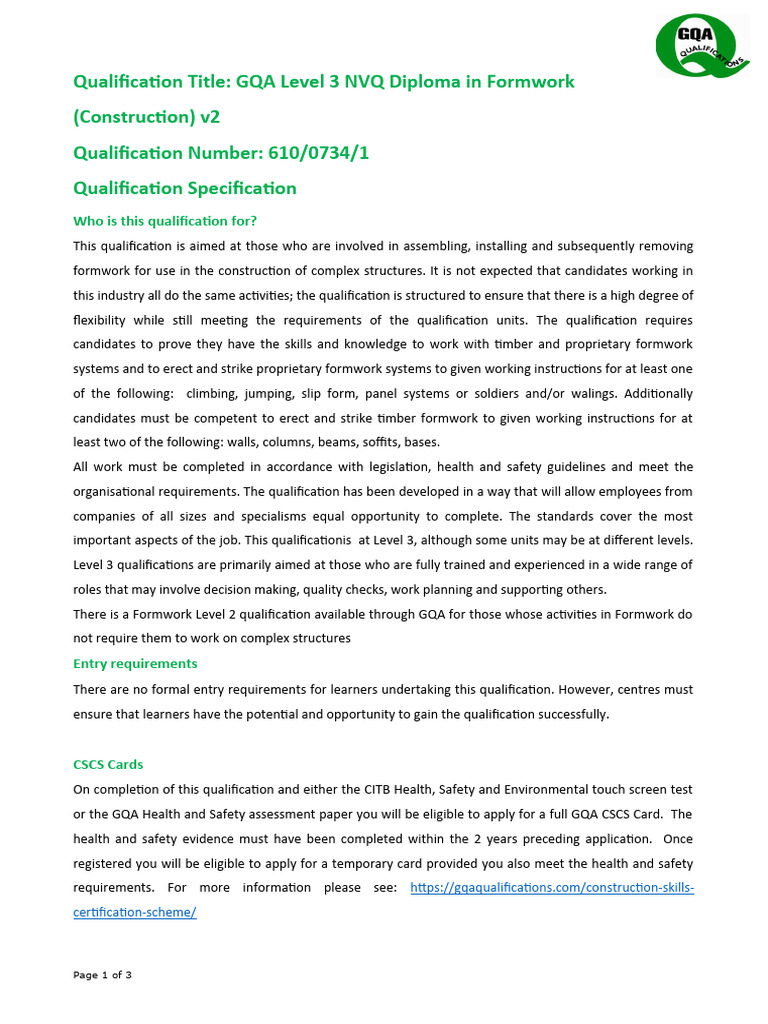 Specification GQA Level 3 NVQ Diploma in Formwork Construction | PDF | Occupational Safety And ...