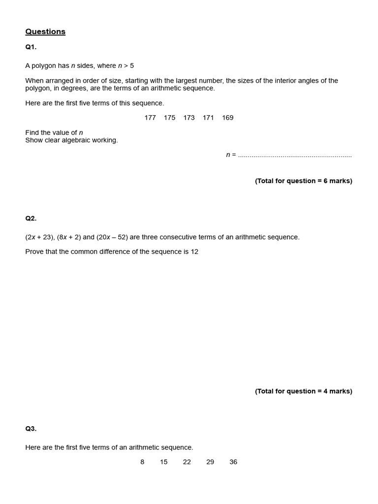 IGCSE Arithmetic Sequence Questions | PDF | Arithmetic | Numbers