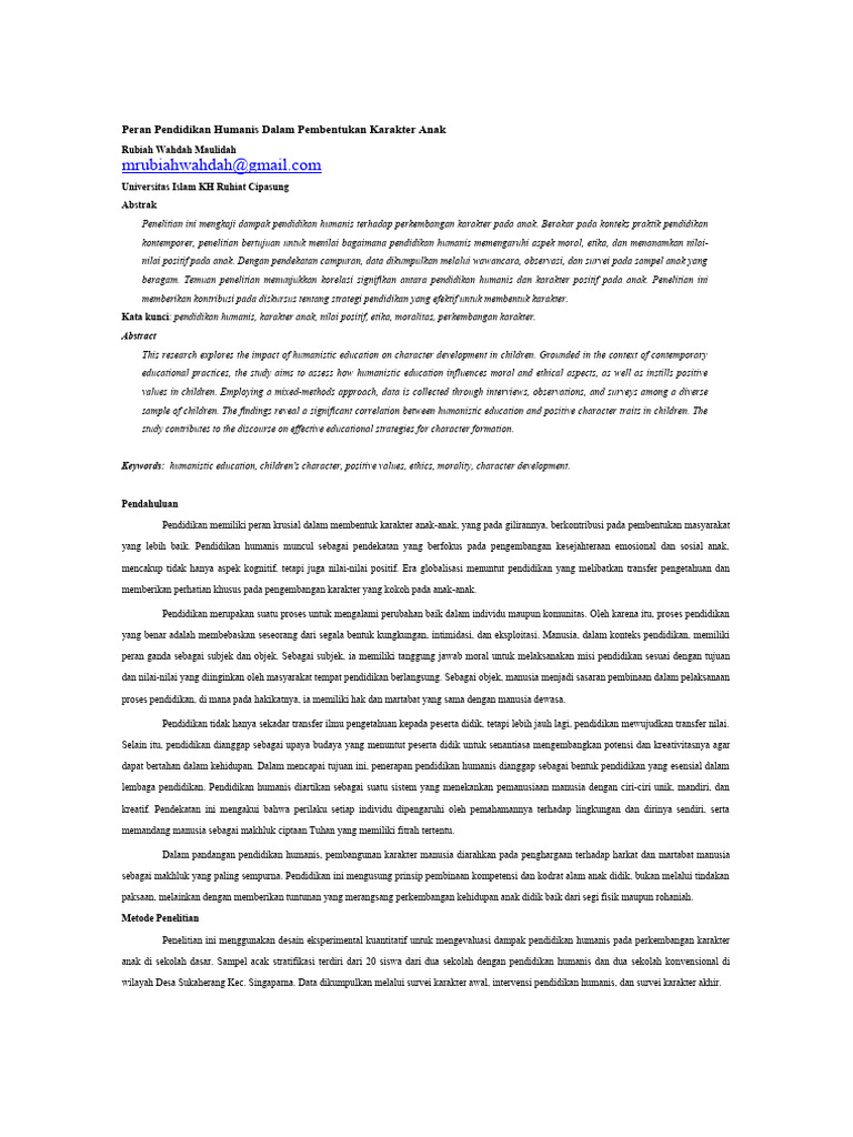 Peran Pendidikan Humanis Dalam Pembentukan Karakter Anak Rubiah Wahdah Maulidah | PDF