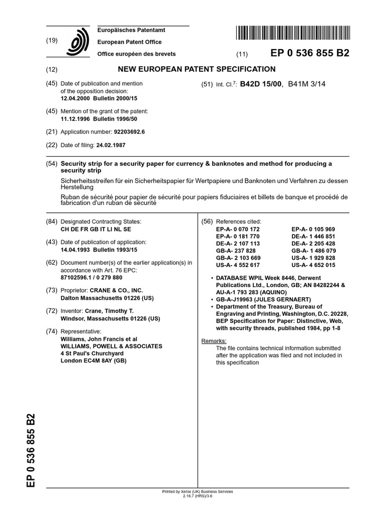 EP0536855B2 | PDF | Paper | Banknote