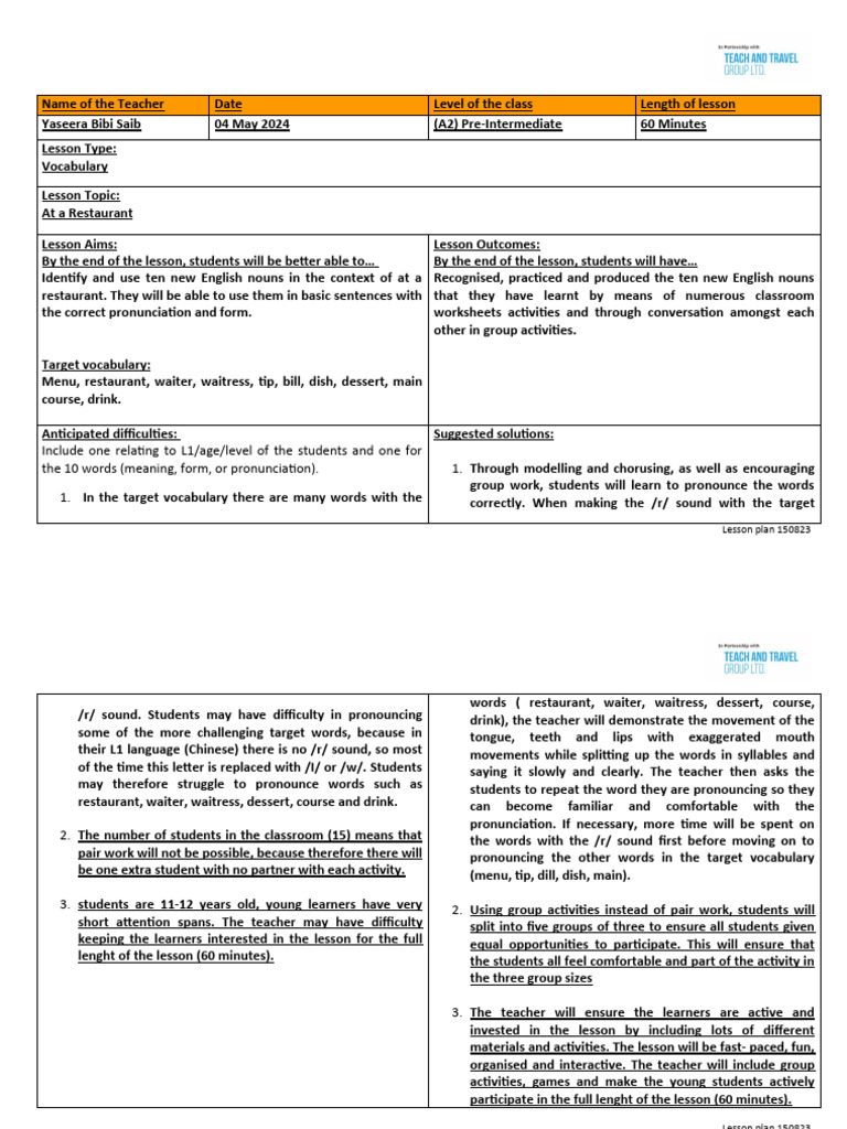 2.A1 Template Aug 2023 | PDF | Waiting Staff | Learning