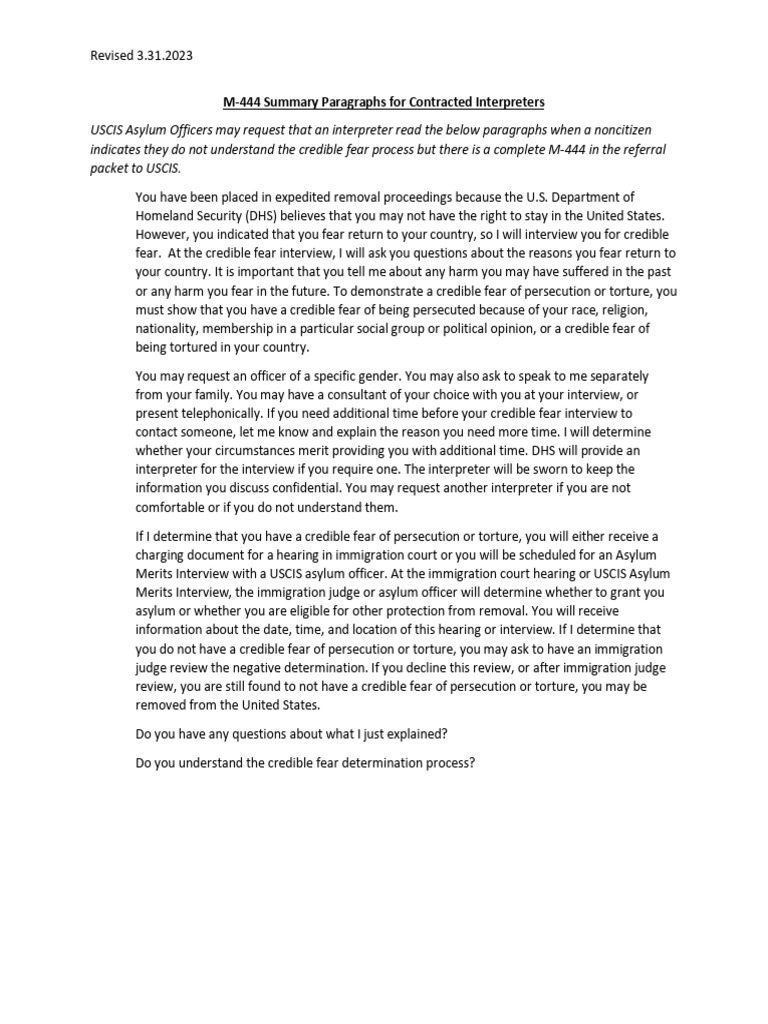 M-444 Summary for Credible Fear Interviews | PDF | Asylum In The United ...