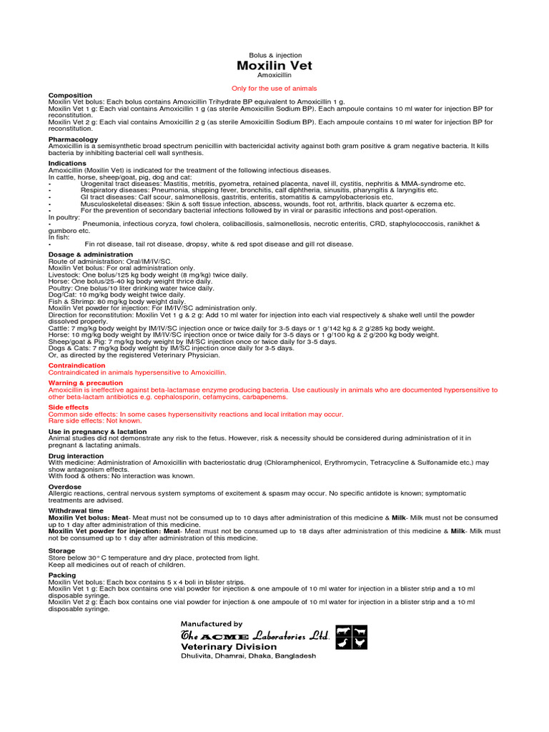 Moxilin Vet | PDF | Infection | Injection (Medicine)