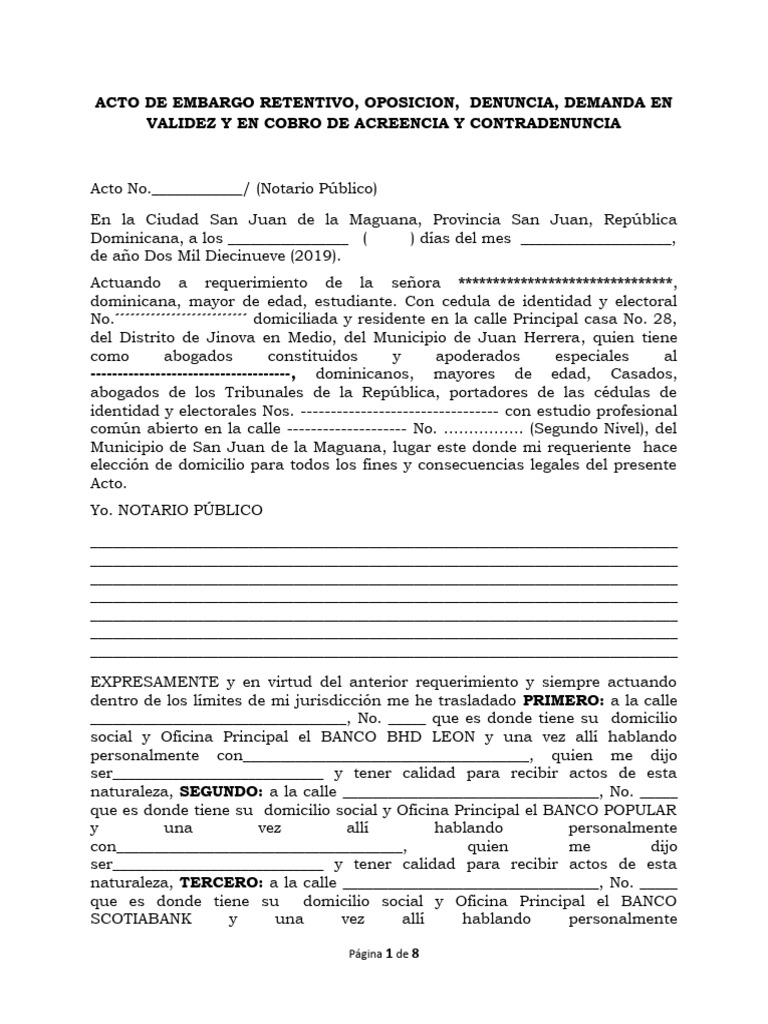 Acto de Embargo Retentivo, Oposicion, Denuncia, Demanda en Validez y en ...