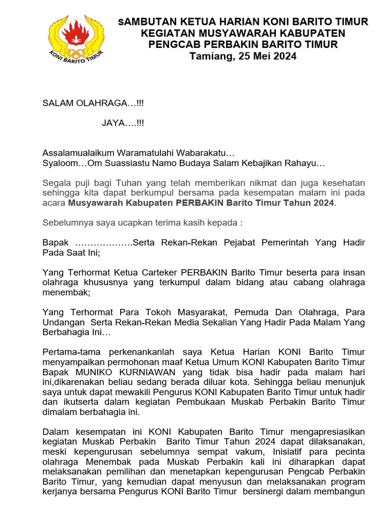 Sambutan Ketua Harian KONI DLM Muskab Perbakin 2024 | PDF