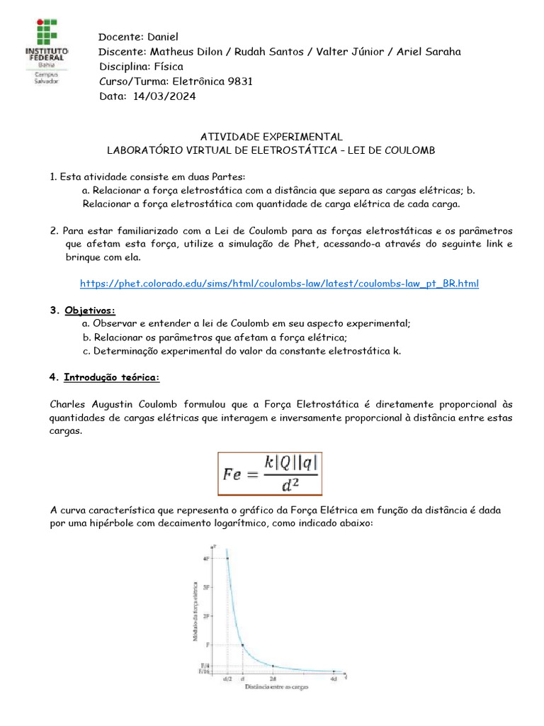 Ariel, Rudah, Matheus Dilon, Valter Junior - Roteiro - LeiCoulom - PHET | PDF | Eletrostática ...