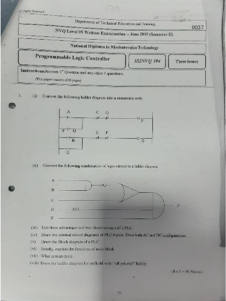 2015 PLC Past Paper (Mechatronics) | PDF