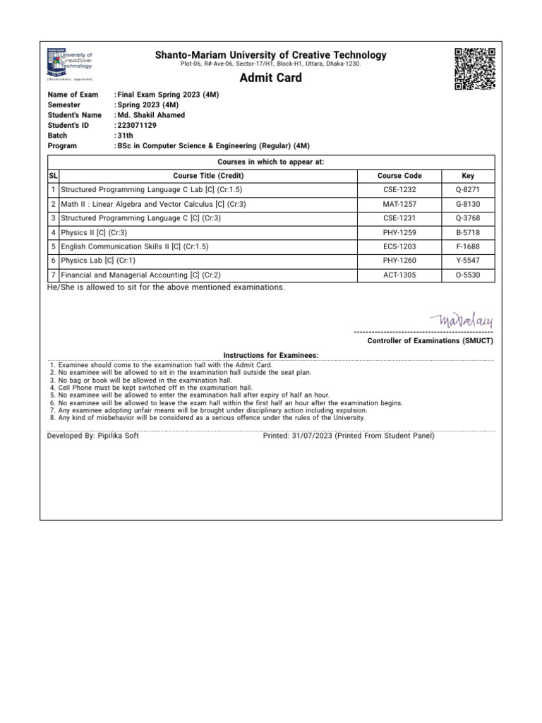 FinalAdmitCard - 202301 - i-EMS - SMUCT | PDF