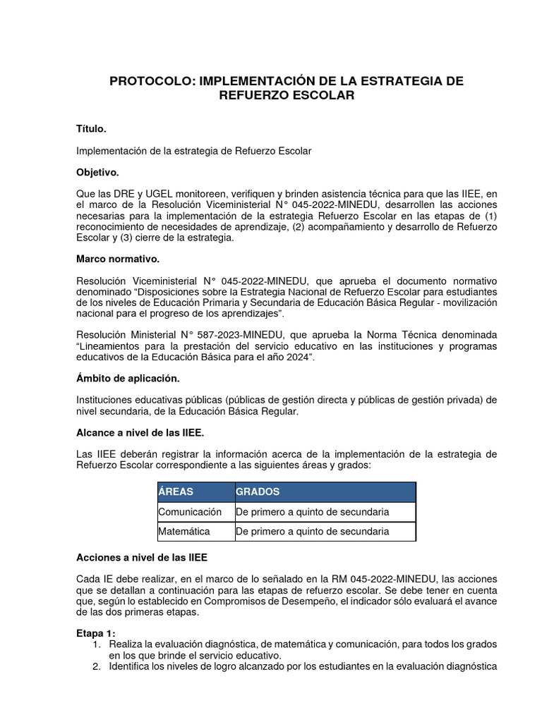 Protocolo Implementación de La Estrategia de Refuerzo Escolar | PDF | Educación primaria ...