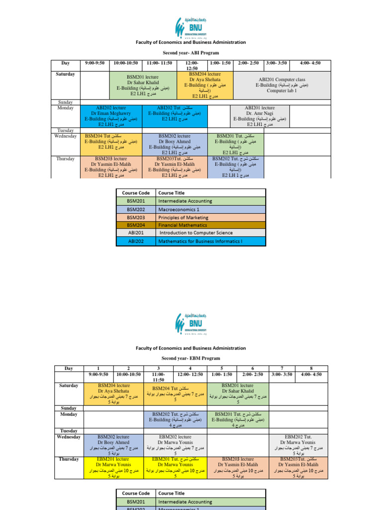 FEBA L2 1st Semester Study TimeTable 2023-2024 | PDF