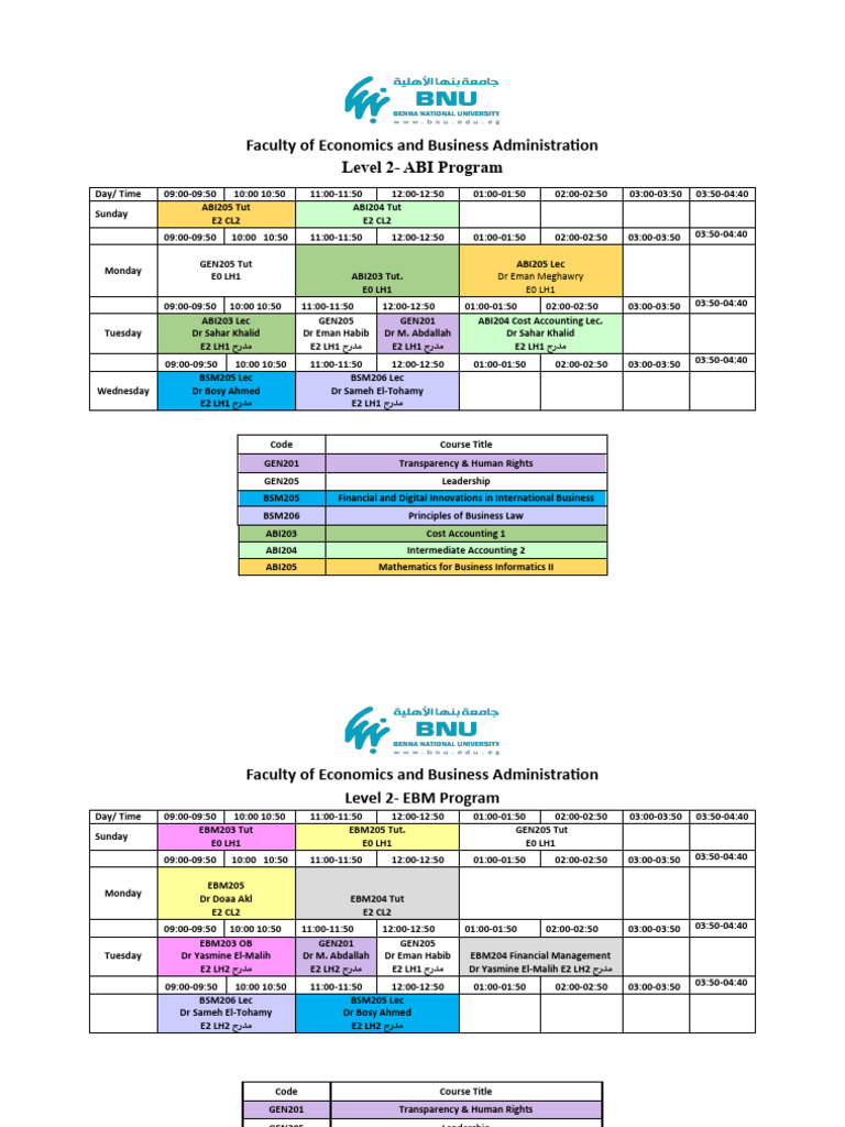 FEBA L2 2nd Semester Study TimeTable 2023-2024 | PDF | Business ...