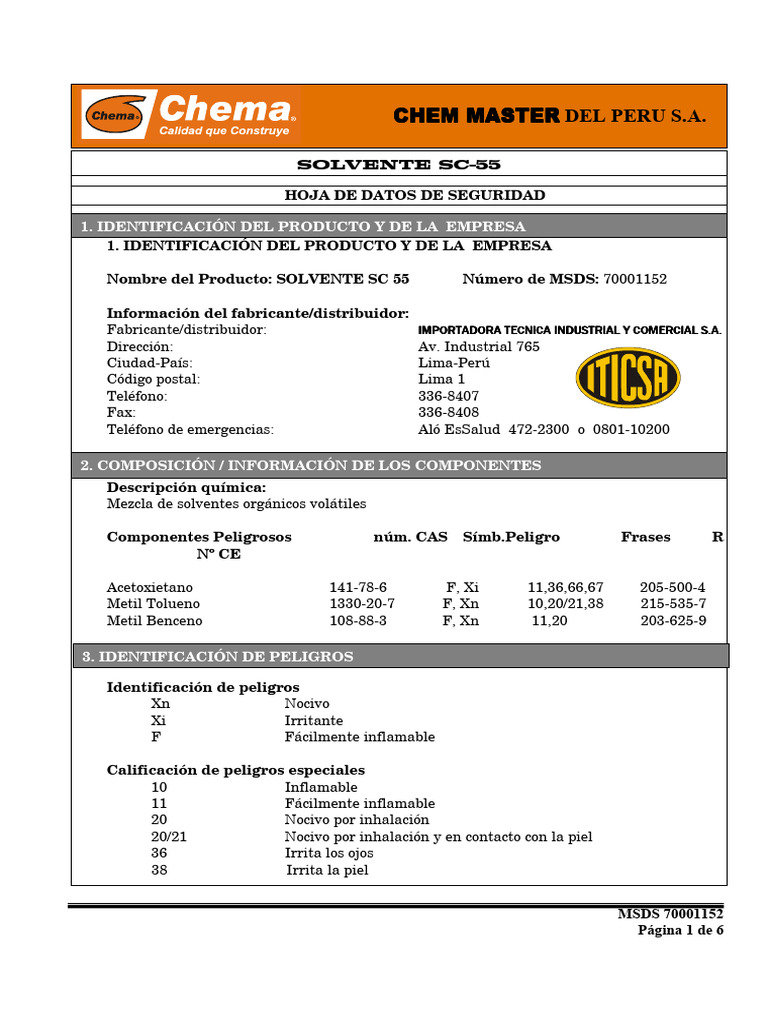 Hoja de Seguridad Solvente SC 55 | PDF | Combustión | Agua