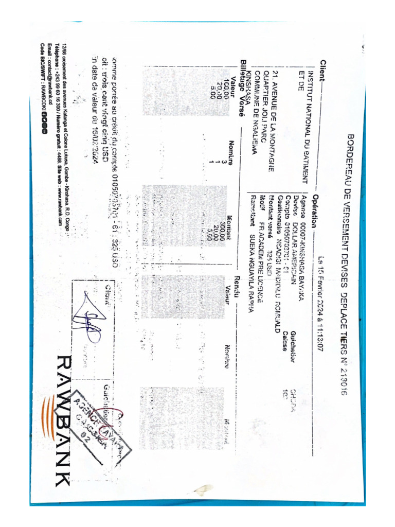 Bordereau de Versement Devises Deplace Tiers #213016 | PDF